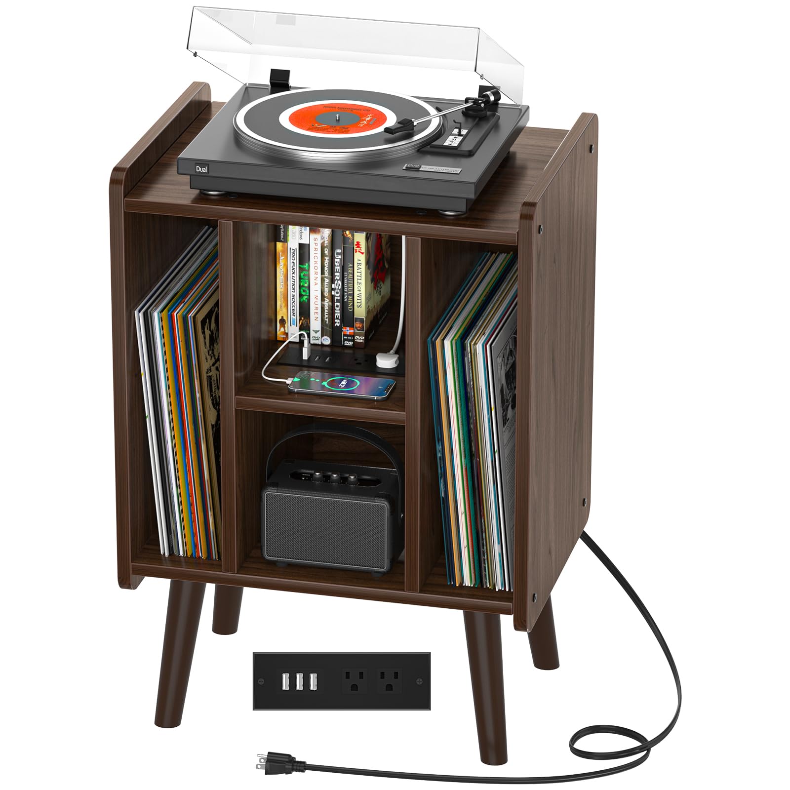Unikito Record Player Stand, Vinyl Turntable Stand with Power Outlet and USB Charging Port, Sturdy Record Display Table with Storage, Mid Century End Table, Turntable Nightstand, Walnut