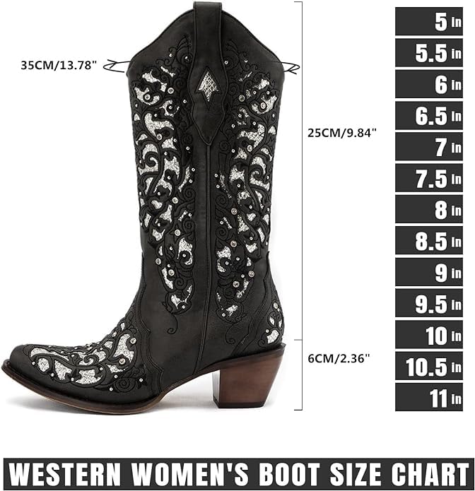 Huntarry Women's Mid Calf Cowboy Cowgirl Boots Embroidered Retro Square Toe Western Boots for Women Black-a