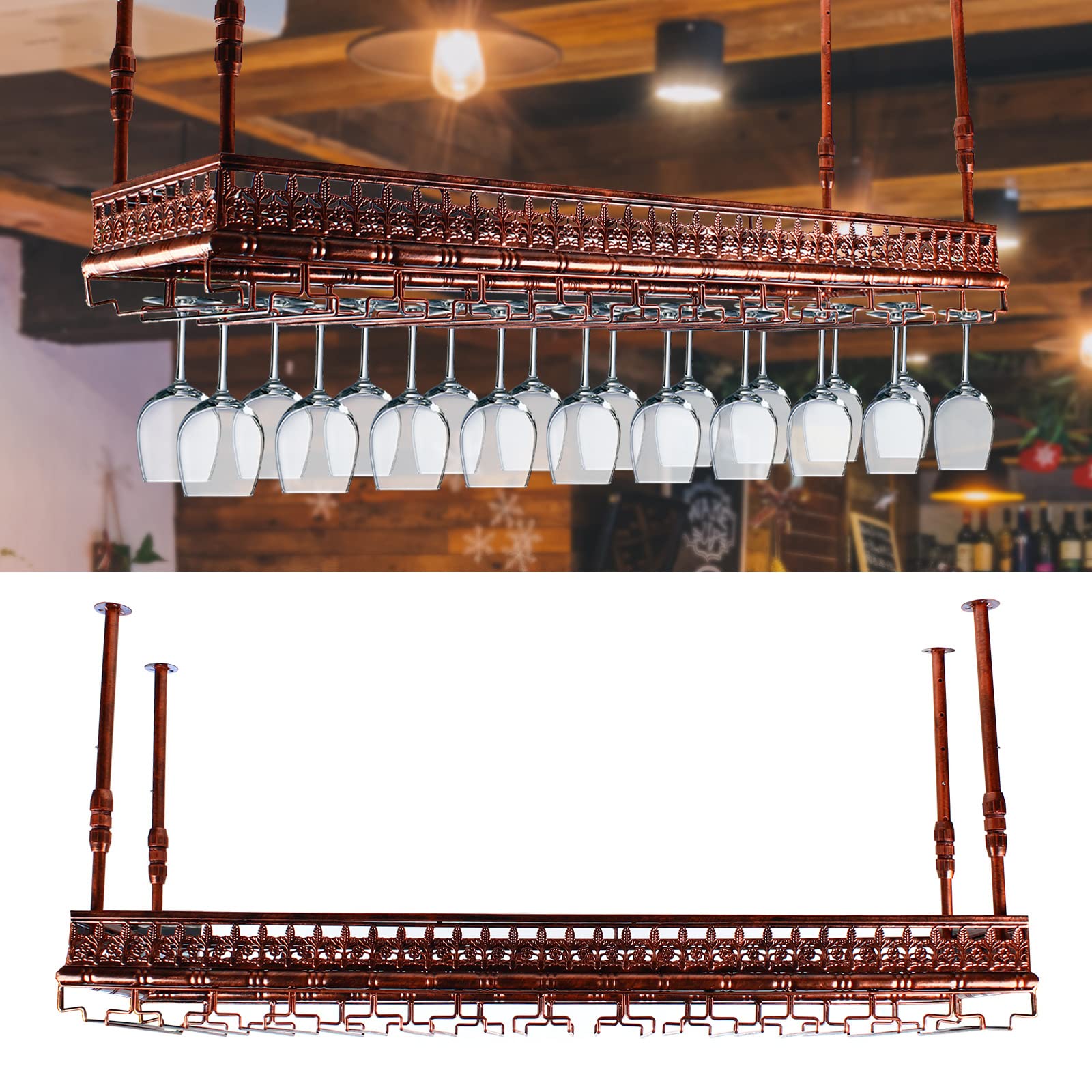 TFCFL Vintage Copper Wine Glass Rack, Stemware Wine Glass Holder Glasses Storage Hanger Hanger Rack Metal Organizer Tableware Bottle Floating Shelf for Bar Kitchen, Capacity: 40 Goblets