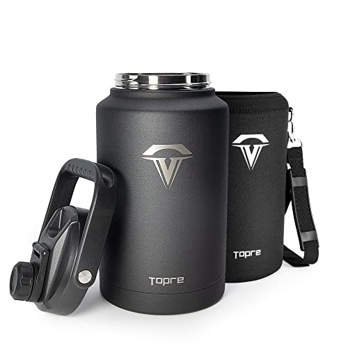 Topre 128oz Water Bottle Insulated, One Gallon Stainless Steel Vacuum Wide Mouth Water Jug Handle 18/8 Food-grade Double Wall Copper Plated Leak-Proof Thermo Mug for Outdoor Camping Family Trip