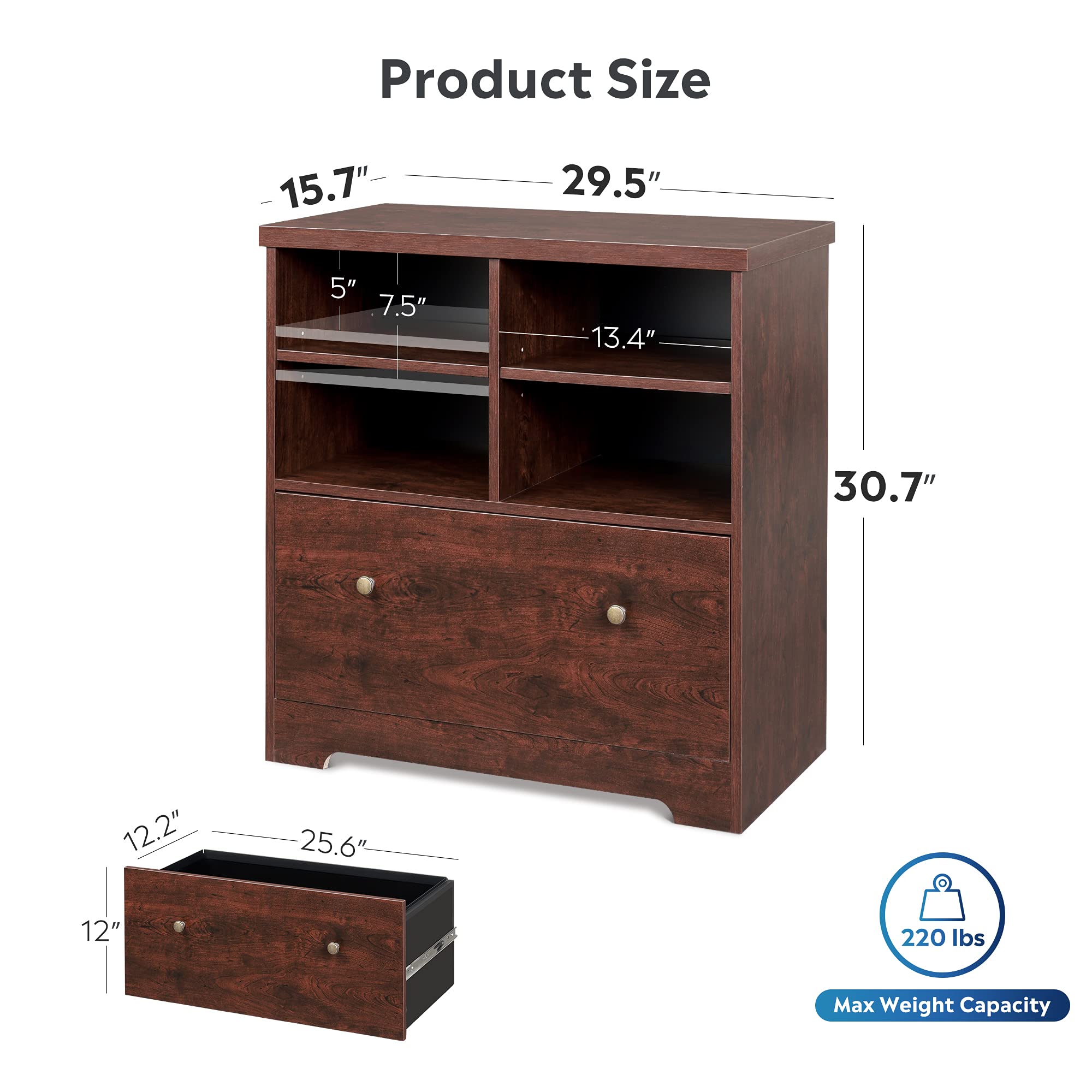 DEVAISE Lateral File Cabinet, 1 Large Drawer Wood Filing Cabinet with 2 Open Adjustable Storage Shelves for Office Home, Cherry