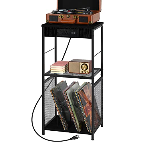 Record Player Stand Vinyl Record Storage with Charging Station Record Player Table with Album Storage Turntable Stand with USB Ports and Power Outlets Nightstand for Living Room, Industrial Black