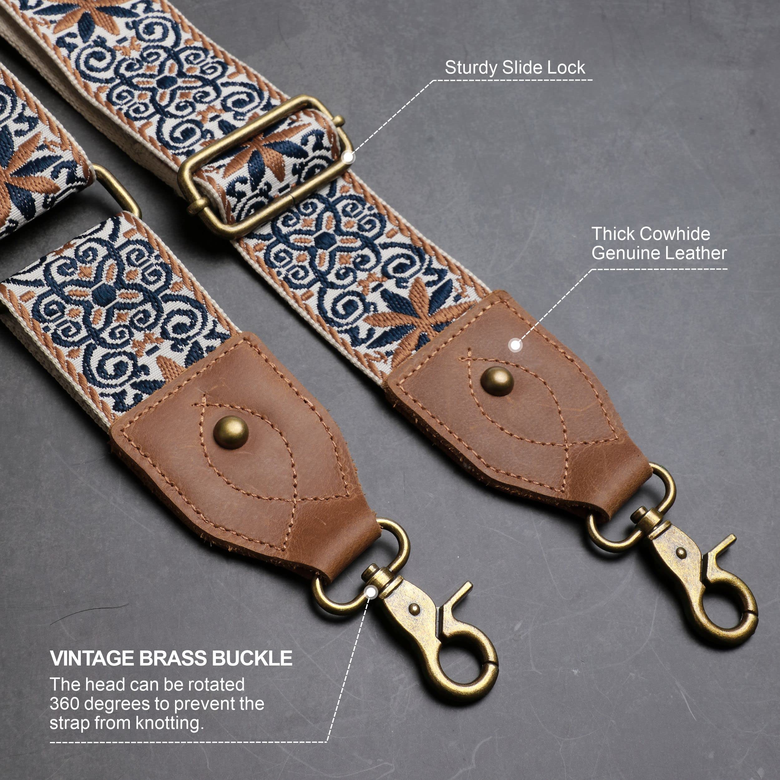 Nefelibata Purse Strap, 2"Cowhide Head Wide Shoulder Strap Adjustable Replacement,Retro Jacquard Embroidery Multi-pattern Crossbody Bag Straps for Handbag,Crossbody Bags(Blue flower embroidery)
