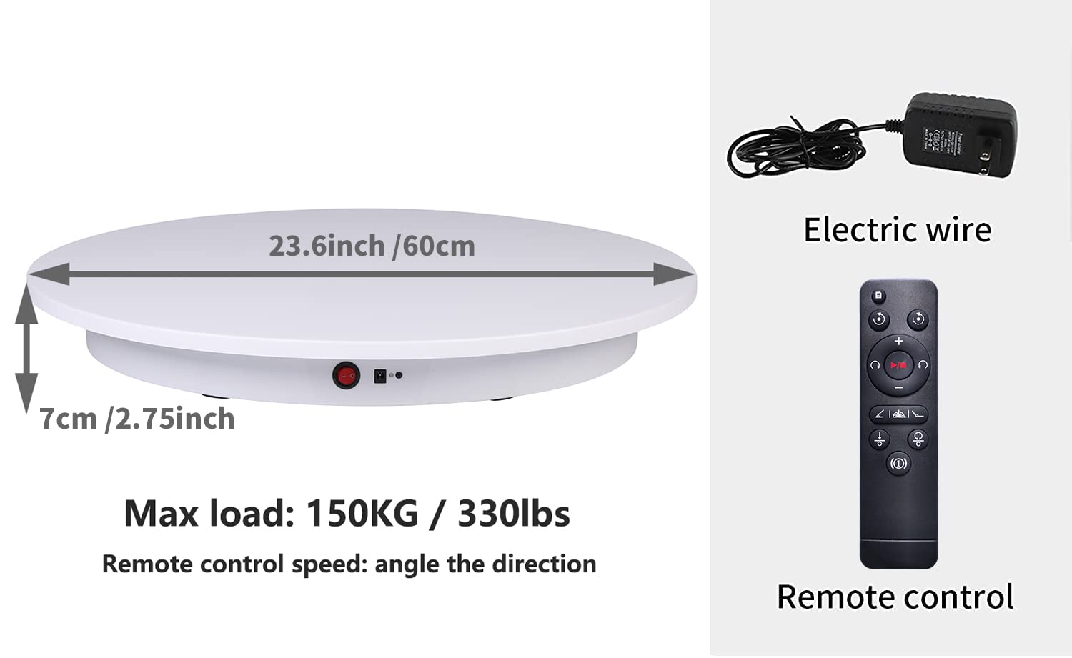 JAYEGT Motorized Rotating Display Stand, 360 Degree Electric Rotating Potography Turntable for Products Display,Live Video Show, Remote Control Angle, Speed (White/23.6Inch/330Lbs Load/Wired)