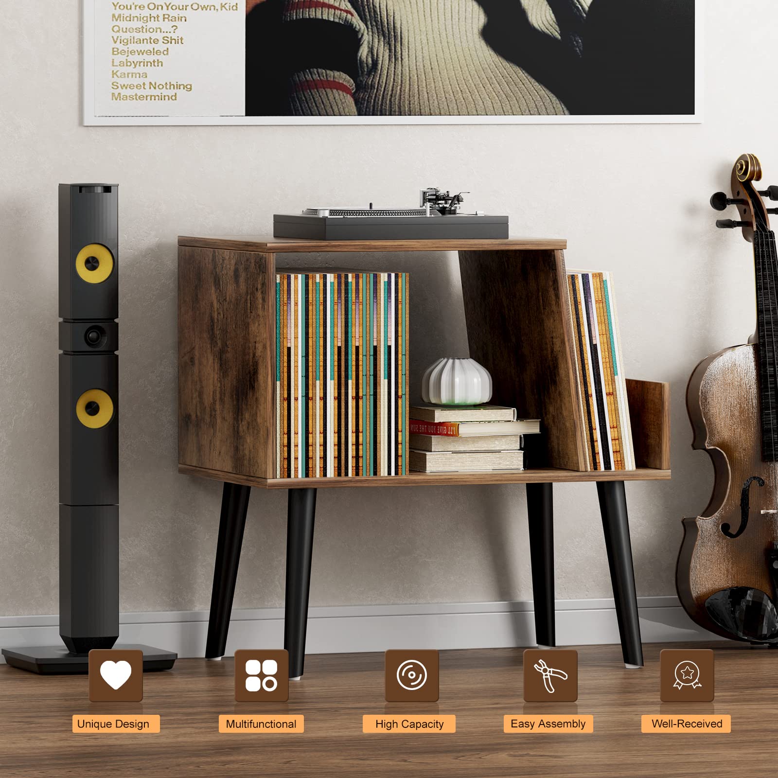 Huakan Record Player Stand, Record Player Table Turntable Stand, Vinyl Record Storage Multifunctional Bookcase for Albums LP