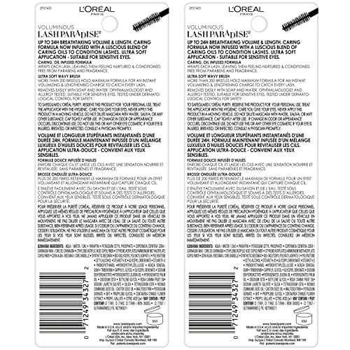 L'Oreal Paris Voluminous Makeup Lash Paradise Mascara, Voluptuous Volume, Intense Length, Feathery Soft Full Lashes, No Flaking, No Smudging, No Clumping, Black Brown, 2 Count