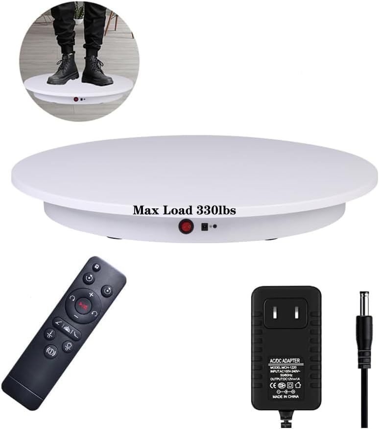 JAYEGT Motorized Rotating Display Stand, 360 Degree Electric Rotating Potography Turntable for Products Display，Live Video Show, Remote Control Angle, Speed (White/23.6Inch/330Lbs Load/Wired)