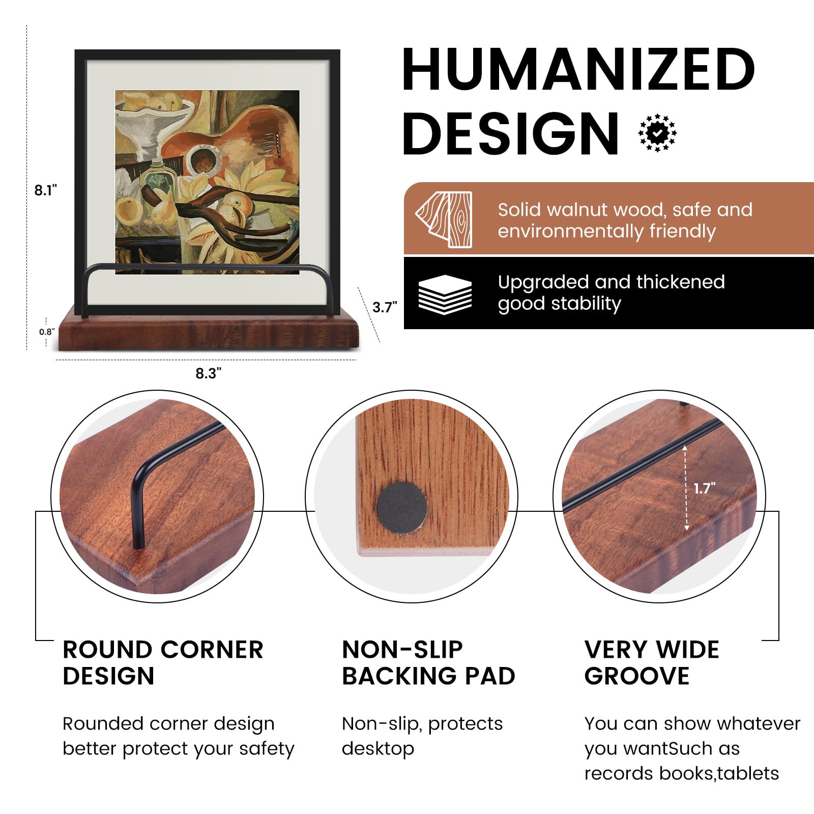 Aomomery Now Playing Vinyl Record Holder, Solid Wood Stand, Tabletop Display for Albums, CDs, iPads, Singles and LPs (Walnut)