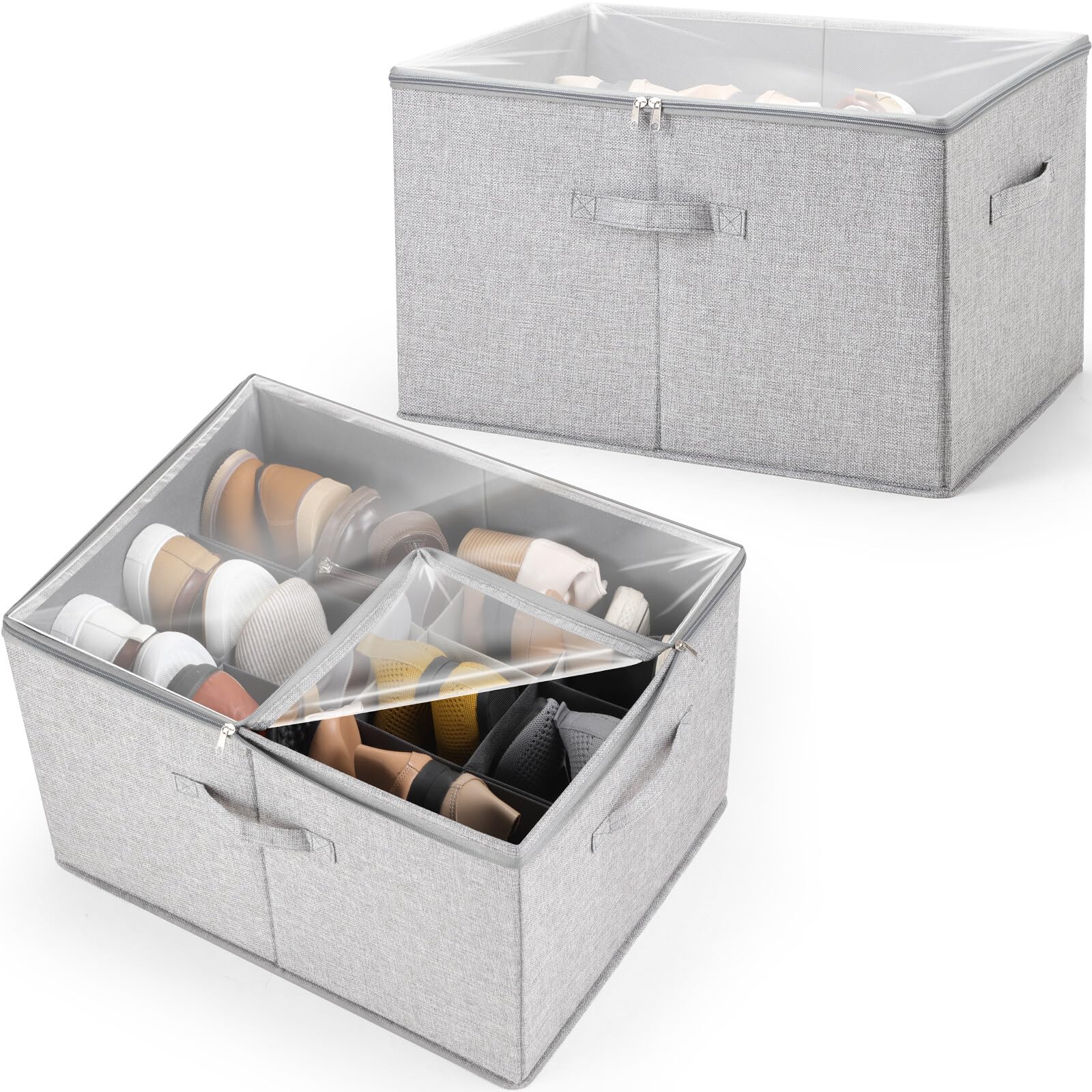 Homaisson 2-Pack Shoe Storage Organizer for Closet, Large Shoe Box Storage + 3 Pack Bed sheet organizers and storage, Foldable Sheet Set Organizers for Linen Closet (Grey+Black)
