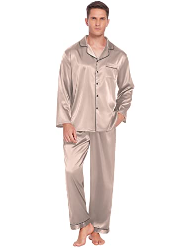 Ekouaer Men Silk Satin 2 Piece Pajamas Long Sleeve Button Top and Long Pants Set (Champagne Gold,S)