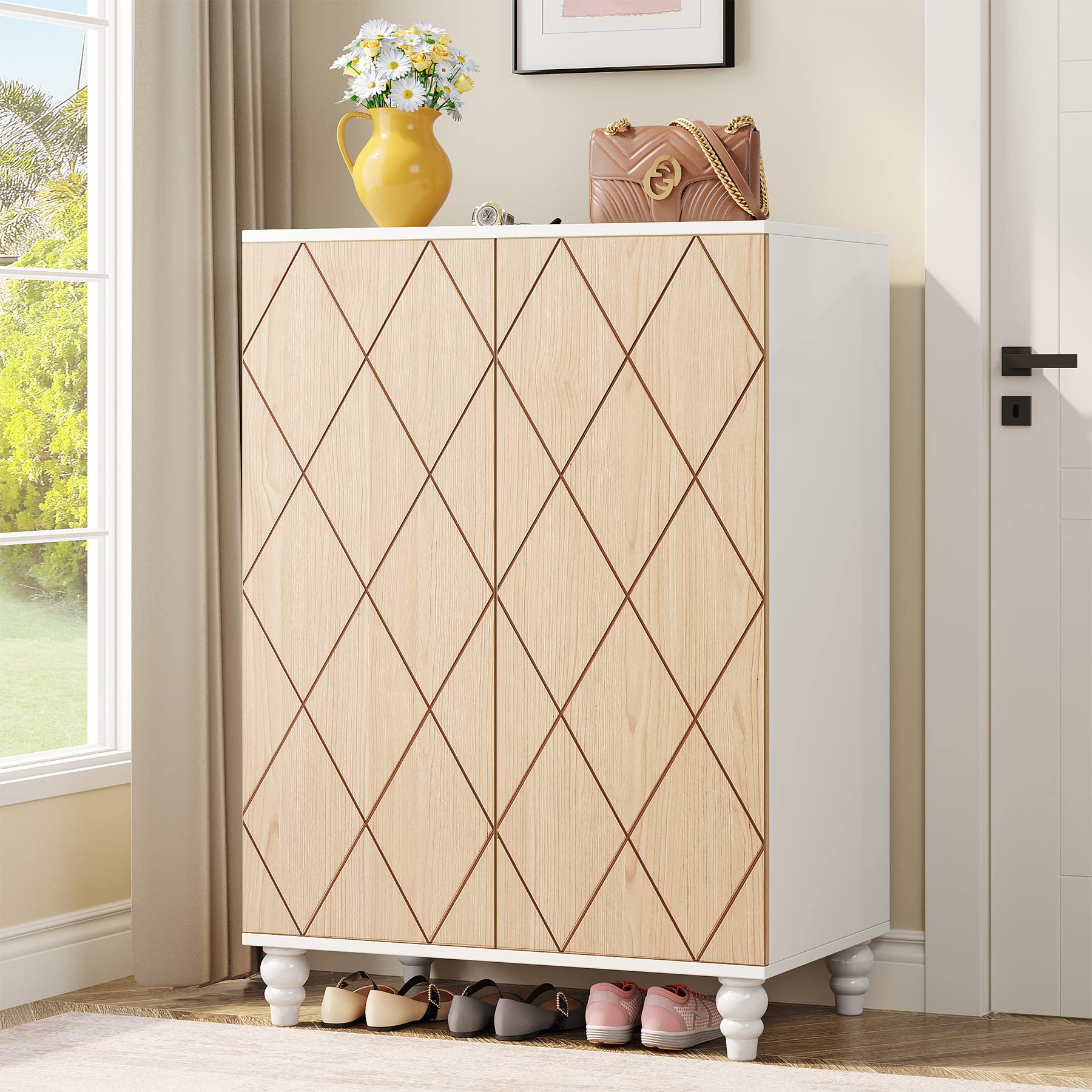 Tribesigns 2-Door Shoe Storage Cabinet with Solid Wood Legs,Wooden Shoes Organizer Cabinets with Adjustable Shelves,Large Capacity Storage Cabinet for Entryway