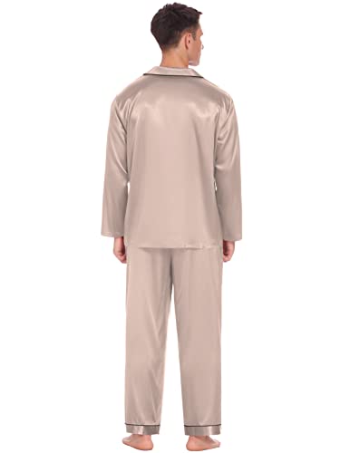Ekouaer Men Silk Satin 2 Piece Pajamas Long Sleeve Button Top and Long Pants Set (Champagne Gold,S)