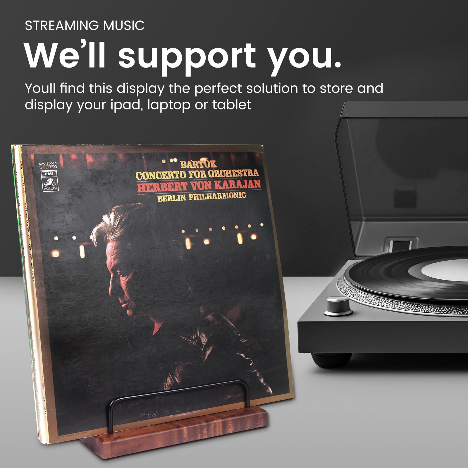 Aomomery Now Playing Vinyl Record Holder, Solid Wood Stand, Tabletop Display for Albums, CDs, iPads, Singles and LPs (Walnut)