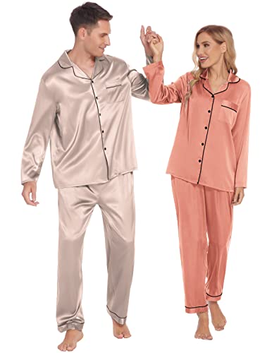 Ekouaer Men Silk Satin 2 Piece Pajamas Long Sleeve Button Top and Long Pants Set (Champagne Gold,S)