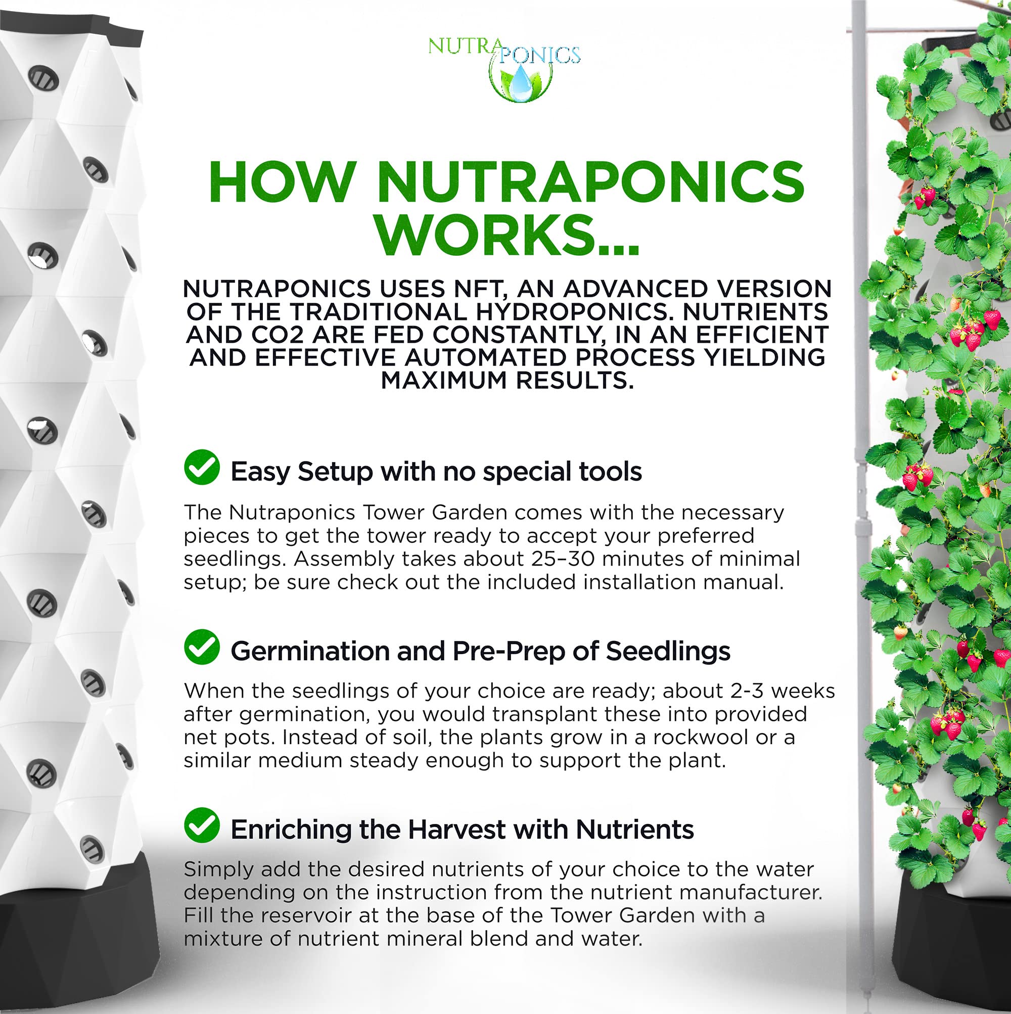 Nutraponics Hydroponics Indoor Garden Growing System - Automated Aeroponic Vertical Tower Garden + LED Grow Lights Planting Kit Farm Plants Fresh Herb Garden, Fruits & Vegetables Nursery - 80 Pots