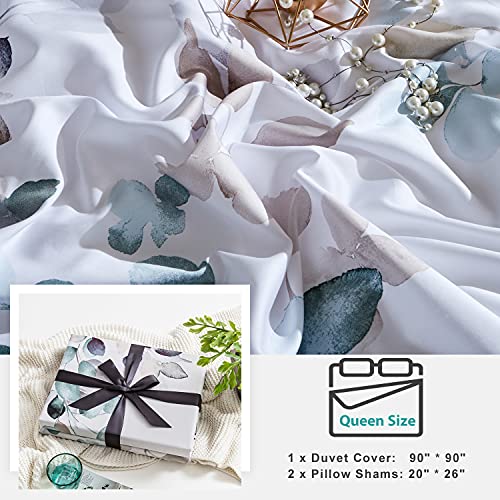 MILDLY Duvet Cover Queen Size 100% Egyptian Cotton Gradient Teal Leaves Plant Pattern Comforter Cover Ultra Soft & Breathable Unique Design Farmhouse Bedding Set (1 Queen Duvet Cover + 2 Pillow Shams)