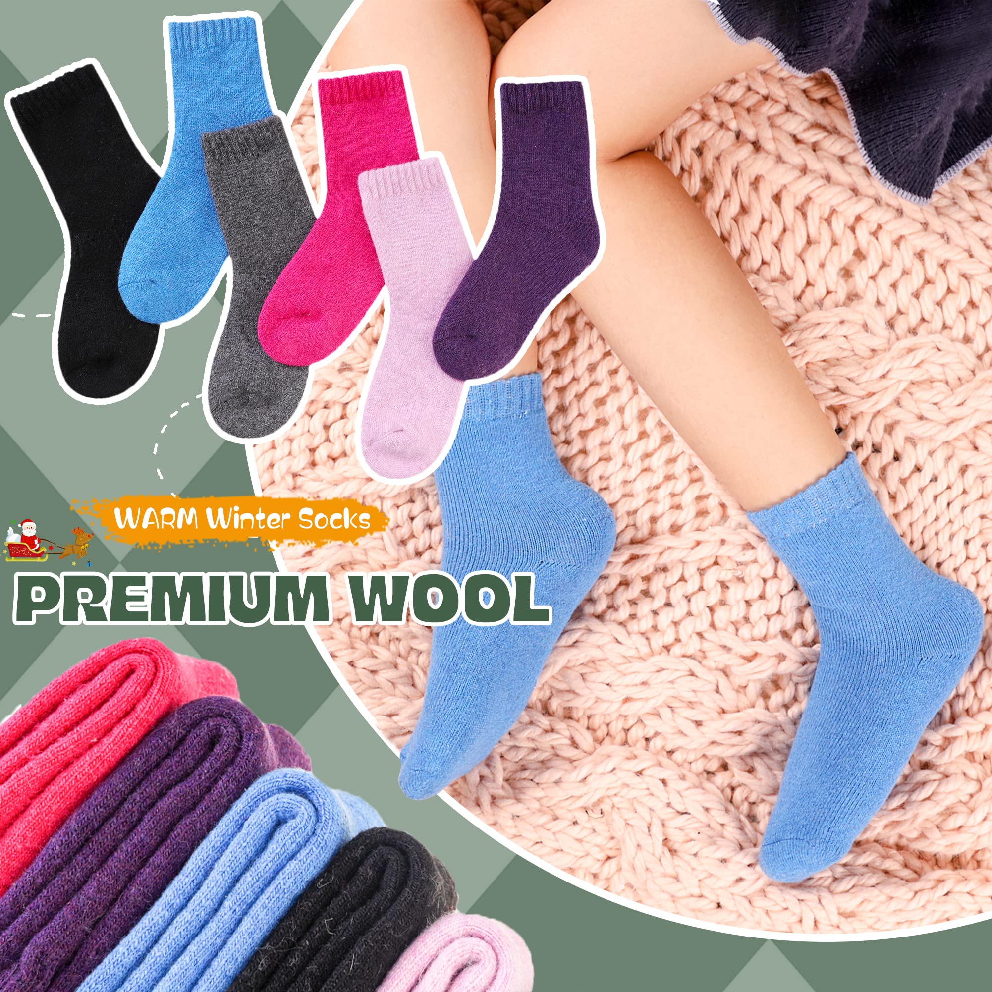 Children's Winter Warm Wool Solid Color Socks Kids Boy Girls Thermal Crew Socks 6 Pairs(Solid Color,8-12 Years)