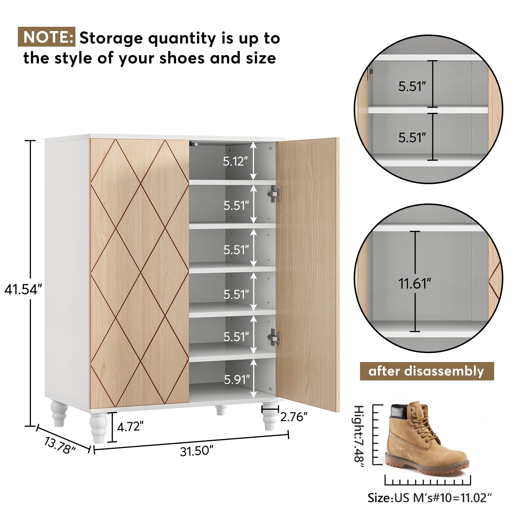 Tribesigns 2-Door Shoe Storage Cabinet with Solid Wood Legs,Wooden Shoes Organizer Cabinets with Adjustable Shelves,Large Capacity Storage Cabinet for Entryway