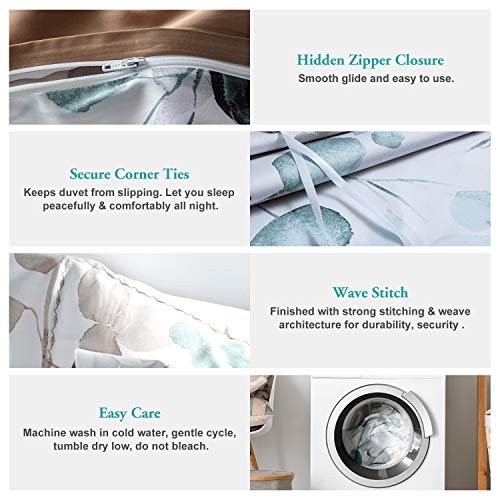 MILDLY Duvet Cover Queen Size 100% Egyptian Cotton Gradient Teal Leaves Plant Pattern Comforter Cover Ultra Soft & Breathable Unique Design Farmhouse Bedding Set (1 Queen Duvet Cover + 2 Pillow Shams)