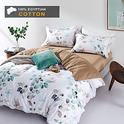 MILDLY Duvet Cover Queen Size 100% Egyptian Cotton Gradient Teal Leaves Plant Pattern Comforter Cover Ultra Soft & Breathable Unique Design Farmhouse Bedding Set (1 Queen Duvet Cover + 2 Pillow Shams)