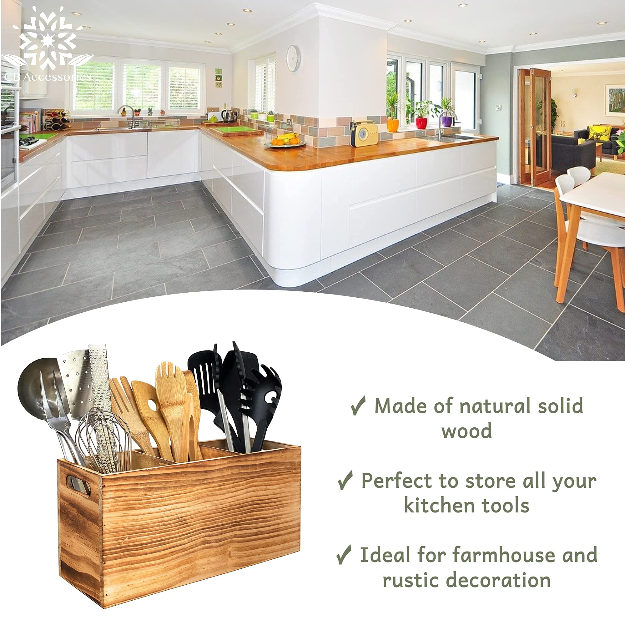 CB Accessories Utensil Holder in Rustic Wood for Farmhouse Kitchen Decor, Countertop Organizer and Cooking Tools Storage (Triple)