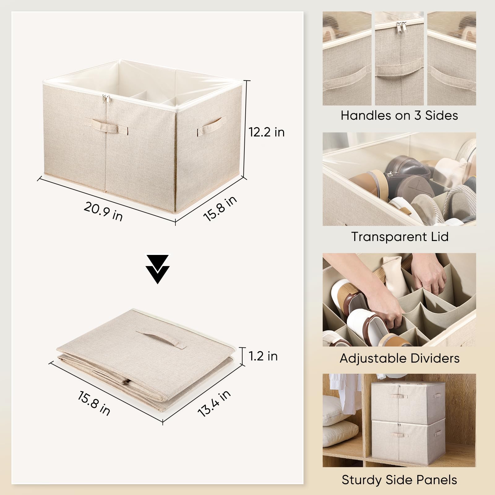 Homaisson 2-Pack Shoe Storage Organizer for Closet, Large Shoe Box Storage + 3 Pack Bed sheet organizers and storage, Foldable Sheet Set Organizers for Linen Closet (Khaki+Grey)
