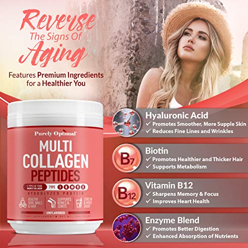 Purely Optimal Premium Multi Collagen Powder - 5 Types of Hydrolyzed Collagen Peptides with Biotin, Hair Skin and Nails Vitamins, Bone & Joint Support - Keto-Friendly, Unflavored (16 oz)