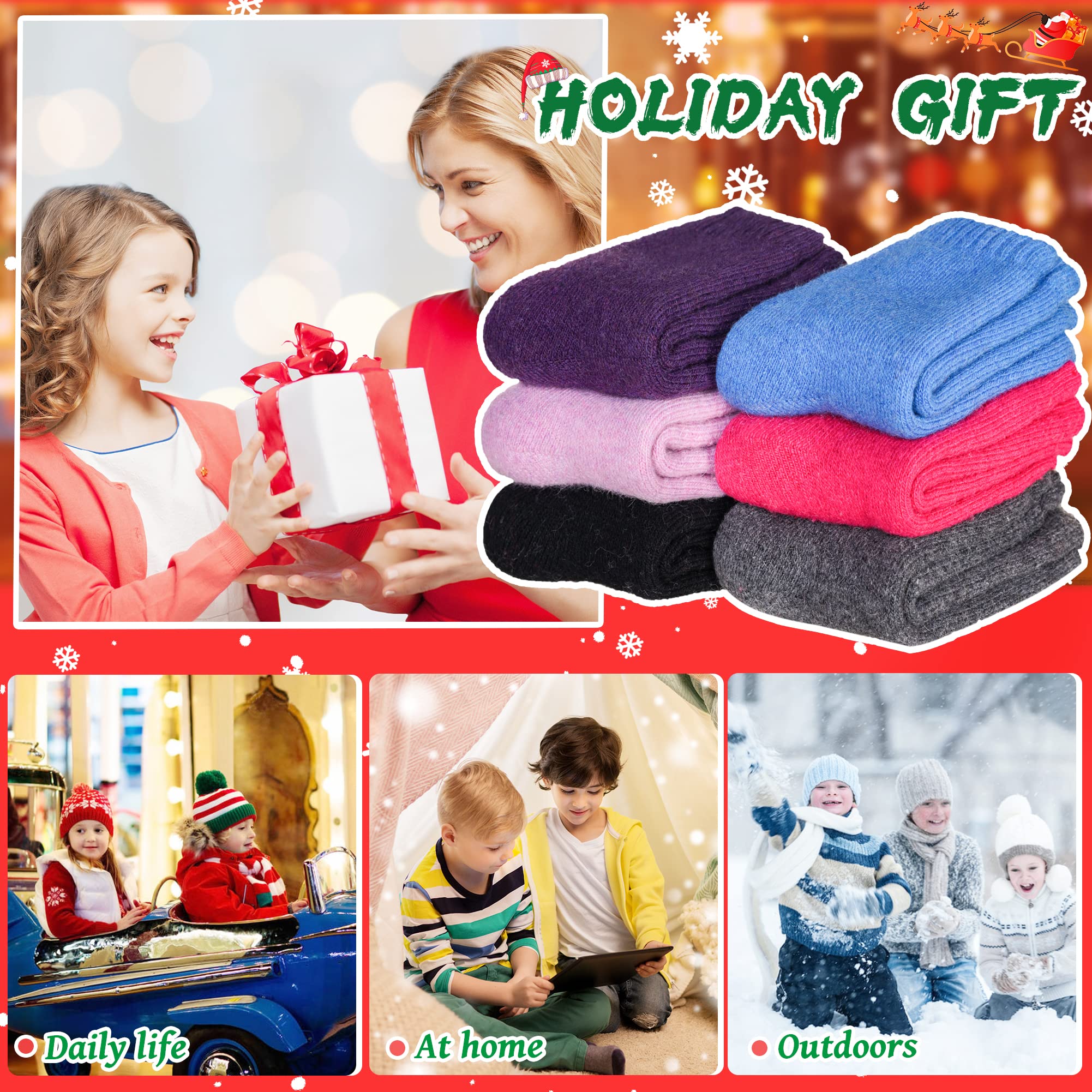 Children's Winter Warm Wool Solid Color Socks Kids Boy Girls Thermal Crew Socks 6 Pairs(Solid Color,8-12 Years)