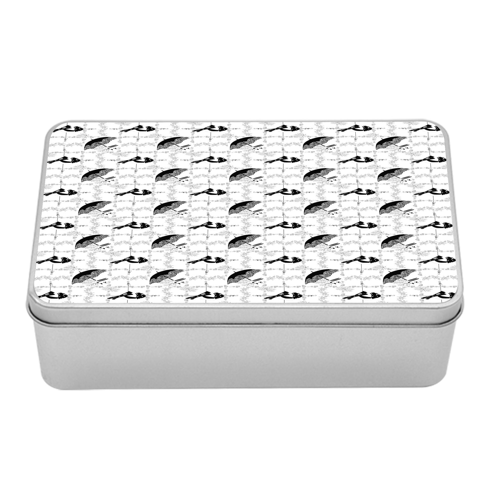 Ambesonne Vintage Tin Box, Women Fashion Themed Elements Retro Style Hats Gloves Umbrella and Shoes, Portable Rectangle Metal Organizer Storage Box with Lid, 7.2" X 4.7" X 2.2", Black Pale Grey White