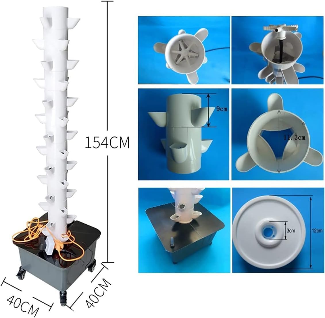 Hydroponic Tower, Aquaponic Culture System 45 Holes Net Pots Aeroponic Kit 15 Layers for Herbs, Fruits and Vegetables with Hydrating Pump, Adapter