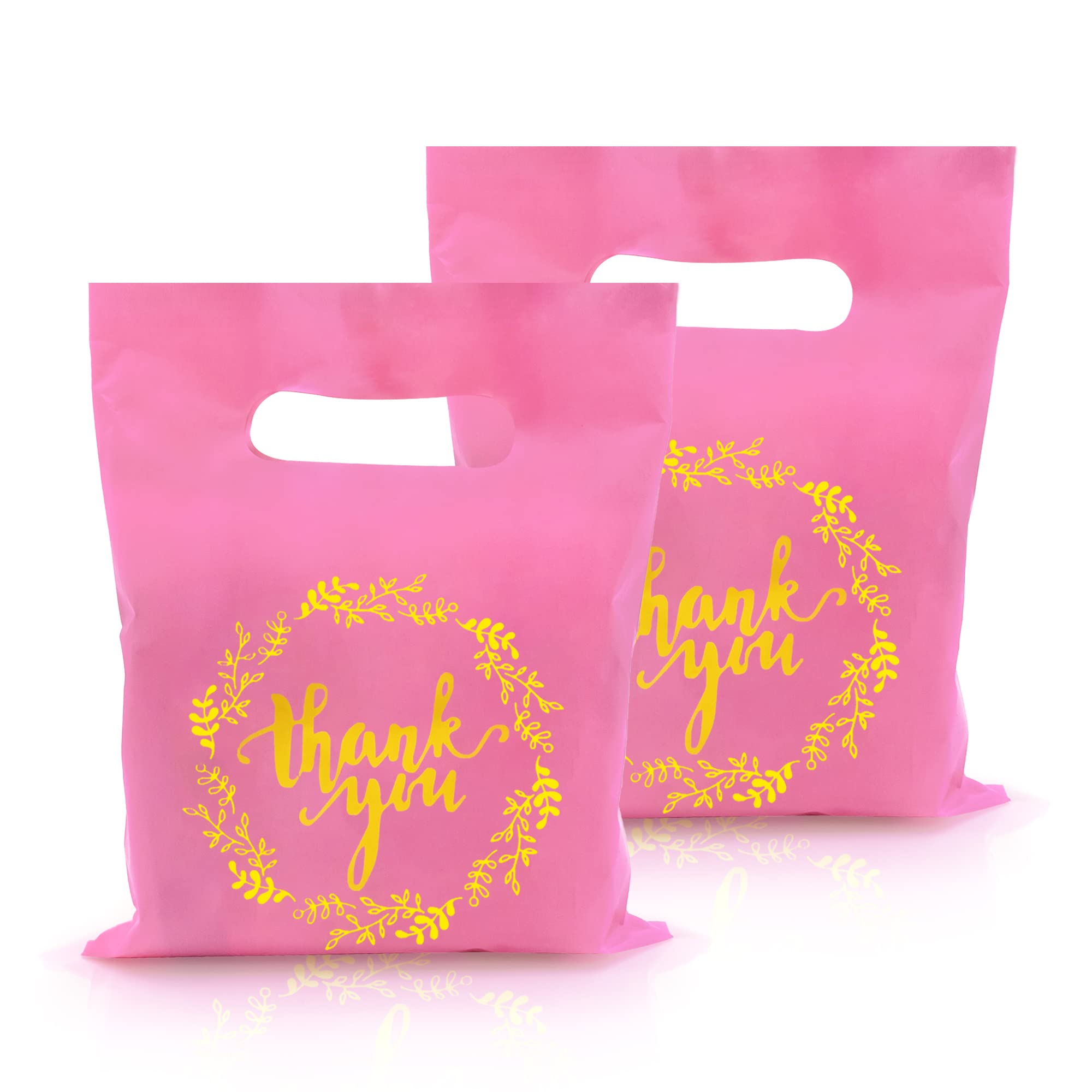 KDPATFAV 70 PCS 9" x 12" Plastic Merchandise Bags Shopping Bags with Thank You Logo Boutique Bags with Handles for Birthday Party Baby Shower Wedding Trade Shows and More (Pink)