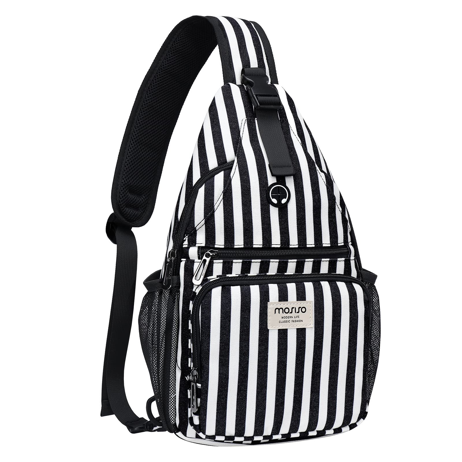MOSISO Crossbody Sling Backpack, Vertical Stripe Sling Bag with Front Raised Pocket Travel Hiking One Shoulder Chest Bag Daypack, Black