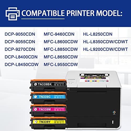 4 Pack TN339 TN-339 (TN-339BK TN-339C TN-339M TN-339Y) Toner Cartridge Set Replacement for Brother HL-L8350CDW HL-L8250CDN HL-L8350CDWT MFC-L8850CDW MFC-L8600CDW Printer (1BK+1C+1M+1Y)