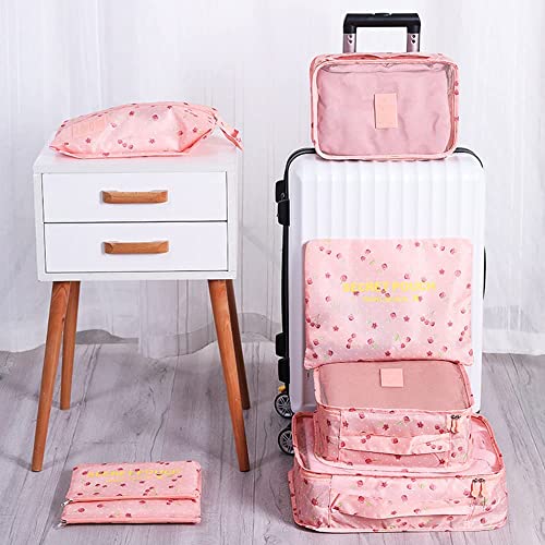 Laebevon 7 Set Packing Cubes with Shoe Bag - Travel Luggage Organizer, Pink Cherry