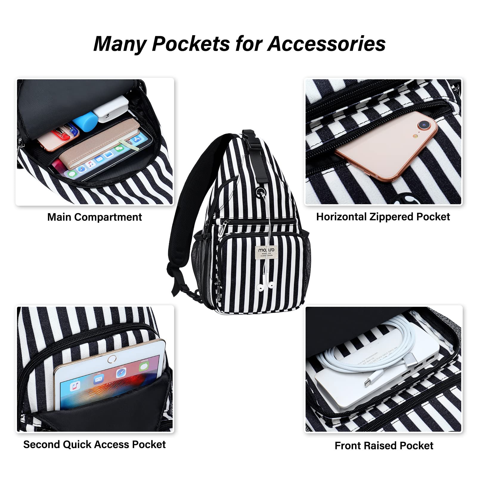 MOSISO Crossbody Sling Backpack, Vertical Stripe Sling Bag with Front Raised Pocket Travel Hiking One Shoulder Chest Bag Daypack, Black