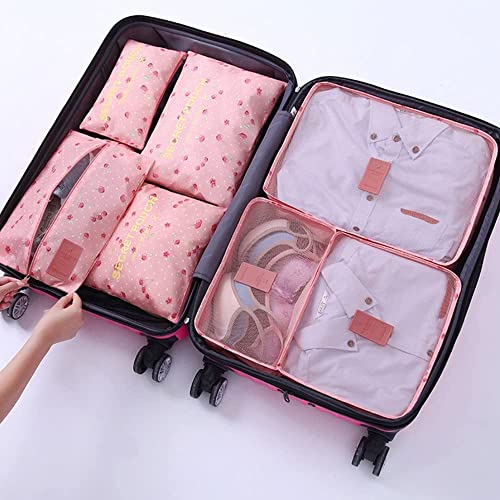 Laebevon 7 Set Packing Cubes with Shoe Bag - Travel Luggage Organizer, Pink Cherry