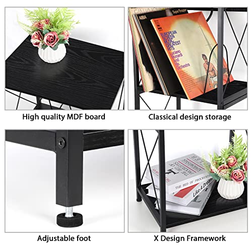 YBING Record Player Stand Record Player Table with Charging Station 3-Tier End Table with Storage Vinyl Record Storage Stand with Divider Nightstand for Living Room Bedroom Office, Black