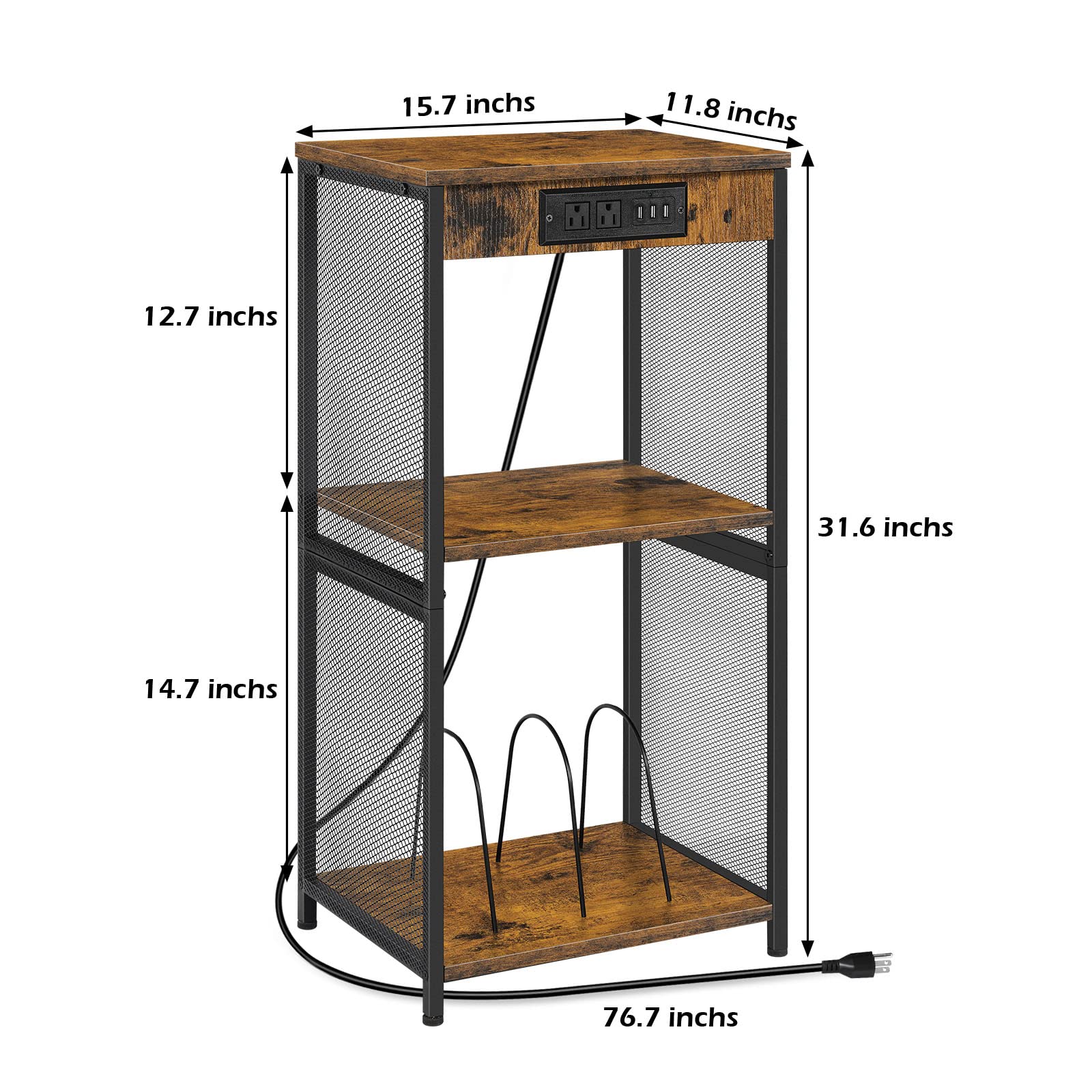 ETELI Record Player Stand with Album Storage Vinyl Record Storage Table with Power Outlet 3 Tier Turntable Stand Industrial Side Table for Living Room Bedroom Office, Brown