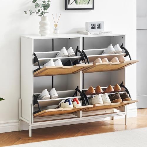 IDEALHOUSE Natural Rattan 4 Flip Door Shoe Cabinet Organizer Freestanding, Shoe Rack Storage Cabinet for Entryway with 3-Tier Adjustable Shelves for Slippers, Sneakers, Heels, Boots