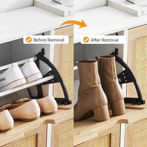 IDEALHOUSE Natural Rattan 4 Flip Door Shoe Cabinet Organizer Freestanding, Shoe Rack Storage Cabinet for Entryway with 3-Tier Adjustable Shelves for Slippers, Sneakers, Heels, Boots