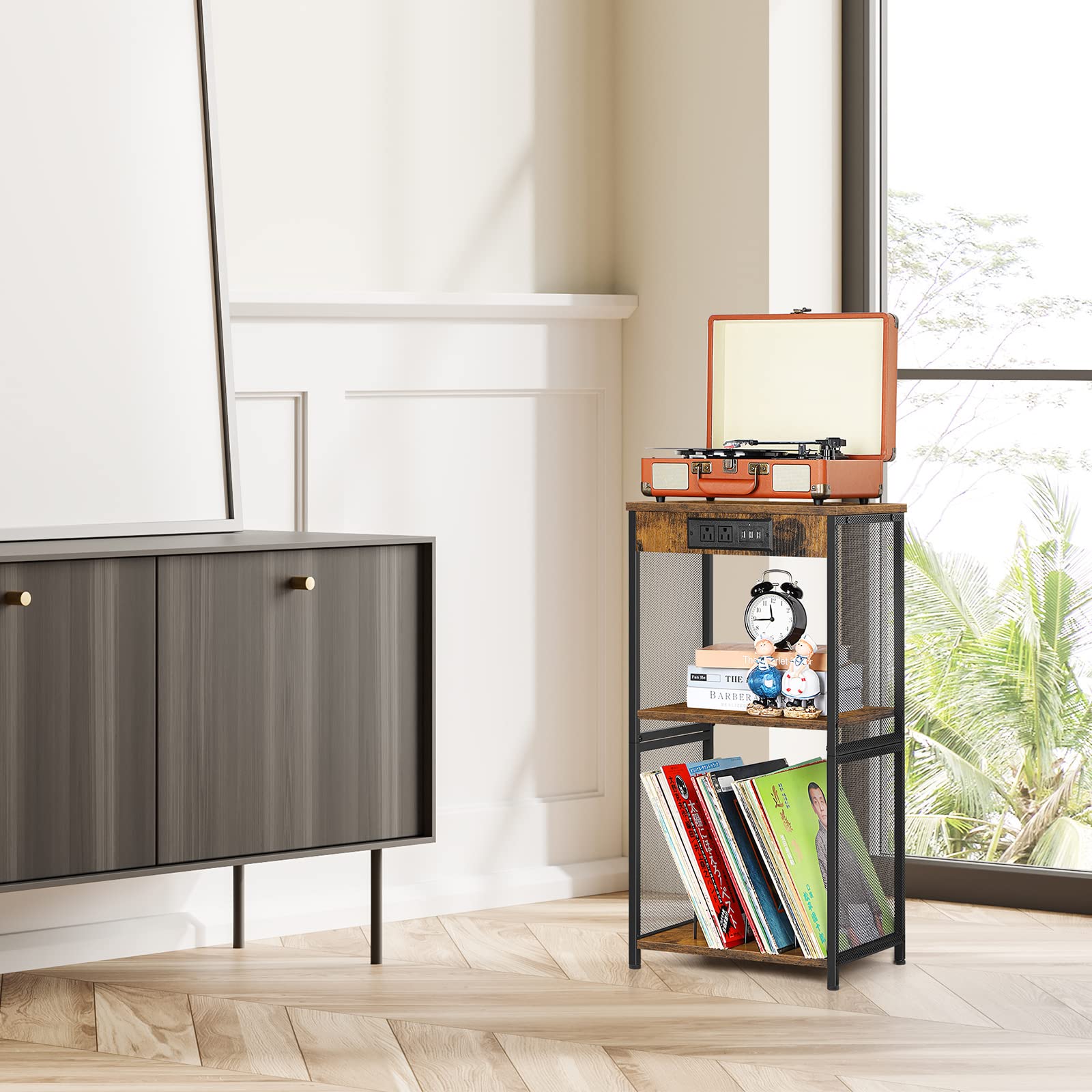 ETELI Record Player Stand with Album Storage Vinyl Record Storage Table with Power Outlet 3 Tier Turntable Stand Industrial Side Table for Living Room Bedroom Office, Brown