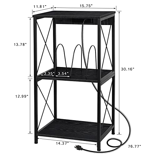 YBING Record Player Stand Record Player Table with Charging Station 3-Tier End Table with Storage Vinyl Record Storage Stand with Divider Nightstand for Living Room Bedroom Office, Black