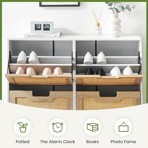 IDEALHOUSE Natural Rattan 4 Flip Door Shoe Cabinet Organizer Freestanding, Shoe Rack Storage Cabinet for Entryway with 3-Tier Adjustable Shelves for Slippers, Sneakers, Heels, Boots