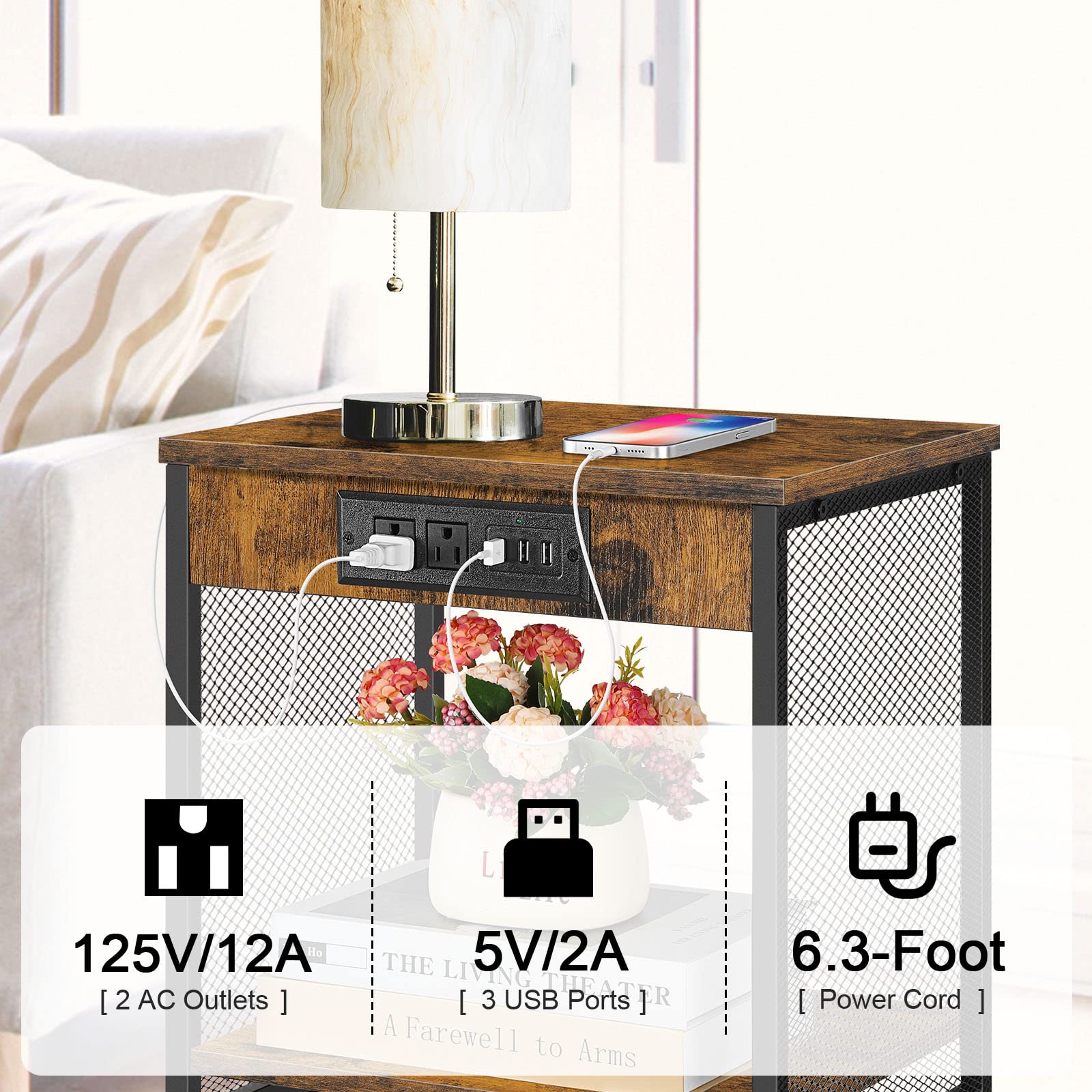 ETELI Record Player Stand with Album Storage Vinyl Record Storage Table with Power Outlet 3 Tier Turntable Stand Industrial Side Table for Living Room Bedroom Office, Brown