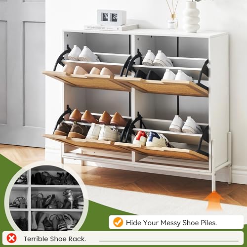 IDEALHOUSE Natural Rattan 4 Flip Door Shoe Cabinet Organizer Freestanding, Shoe Rack Storage Cabinet for Entryway with 3-Tier Adjustable Shelves for Slippers, Sneakers, Heels, Boots
