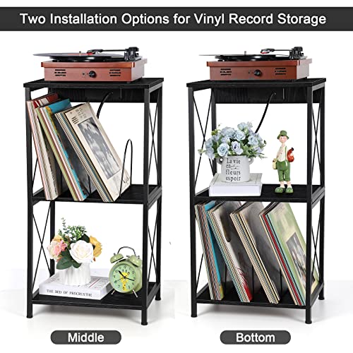YBING Record Player Stand Record Player Table with Charging Station 3-Tier End Table with Storage Vinyl Record Storage Stand with Divider Nightstand for Living Room Bedroom Office, Black