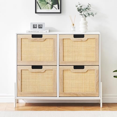 IDEALHOUSE Natural Rattan 4 Flip Door Shoe Cabinet Organizer Freestanding, Shoe Rack Storage Cabinet for Entryway with 3-Tier Adjustable Shelves for Slippers, Sneakers, Heels, Boots