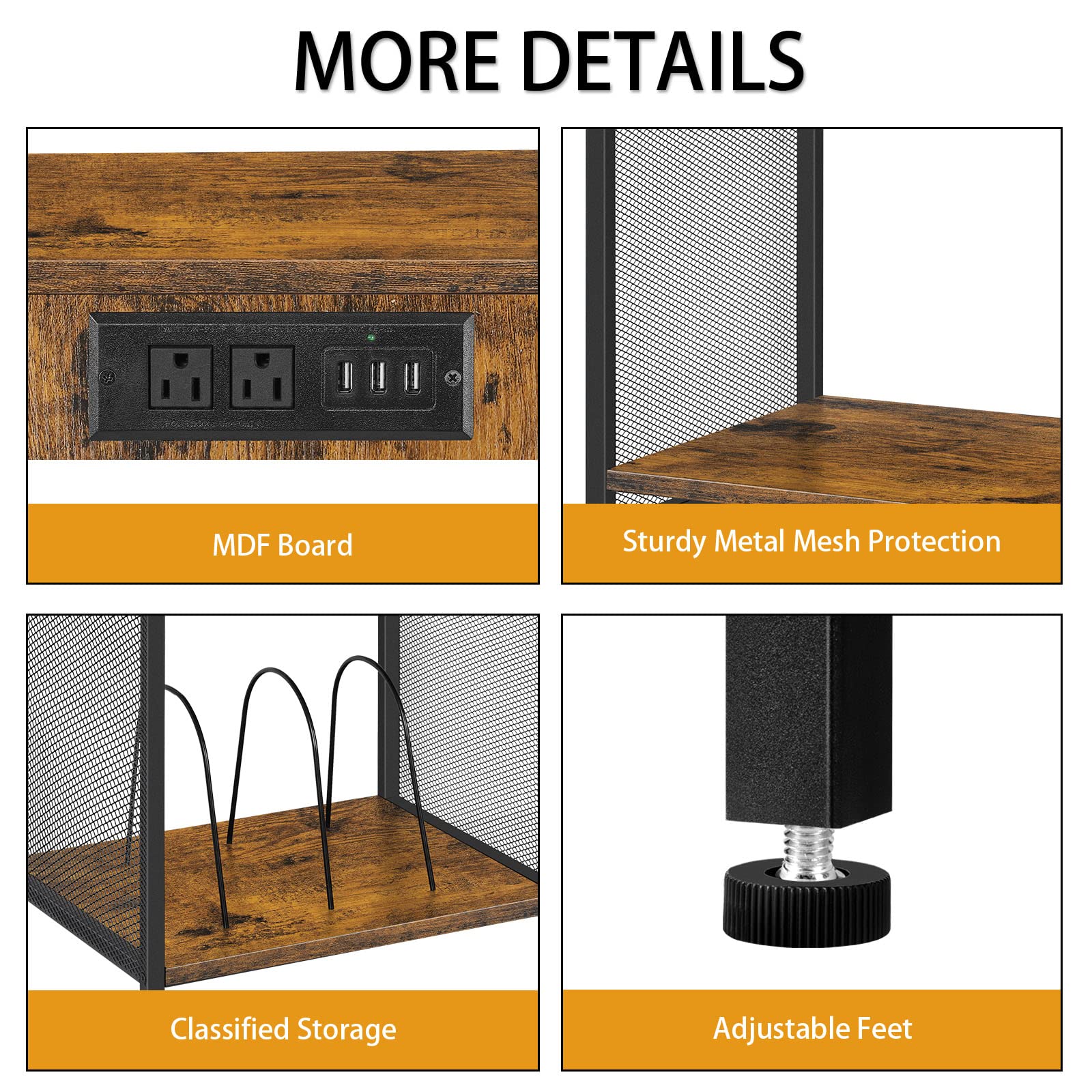 ETELI Record Player Stand with Album Storage Vinyl Record Storage Table with Power Outlet 3 Tier Turntable Stand Industrial Side Table for Living Room Bedroom Office, Brown
