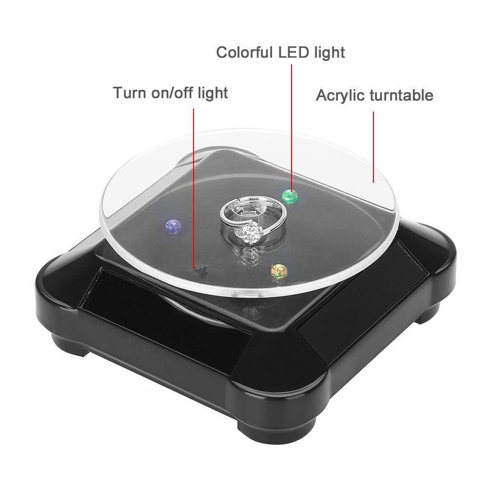 Solar Showcase 360 Degrees Display Stand, Rotating Turntable with LED Light for Watch Phone Jewelry Display Stand(Black)