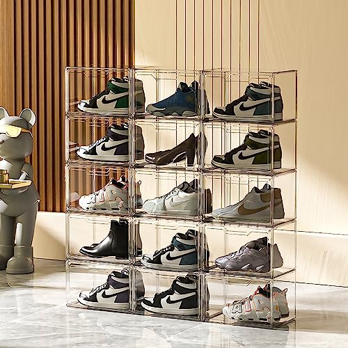 JingPieCle Acrylic Display Shoe Box 3Pack, Ultra Clear Plastic Handbag Storage Organizer for Closet, 360° Fully Transparent Professional Grade Shoe Display Case for Sneakers, Hats, Boots